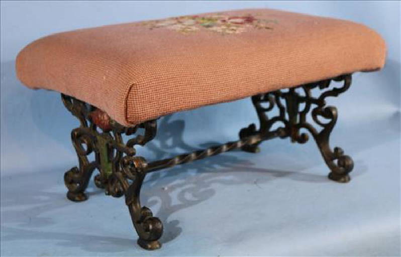 Metal Foot Stool With Needlepoint Upholstery