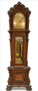 Walter H. Durfee & Co. Gothic Revival Oak Nine Tube Grandfather Clock
