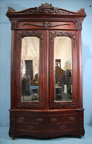 Heavily Carved Oak Wardrobe With Original Finish
