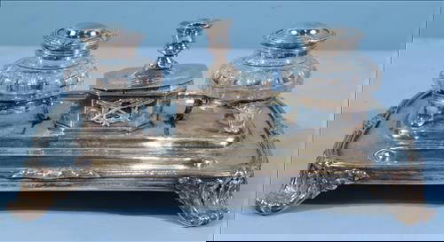3 Piece Silver-plate Inkwell Desk Set, 7 In. T, 12 In. W, 8 In. D. Auction