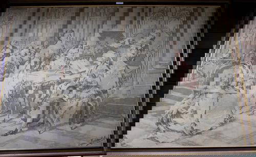 Large Antique French Tapestry Of Colonial Musicians In Parlor