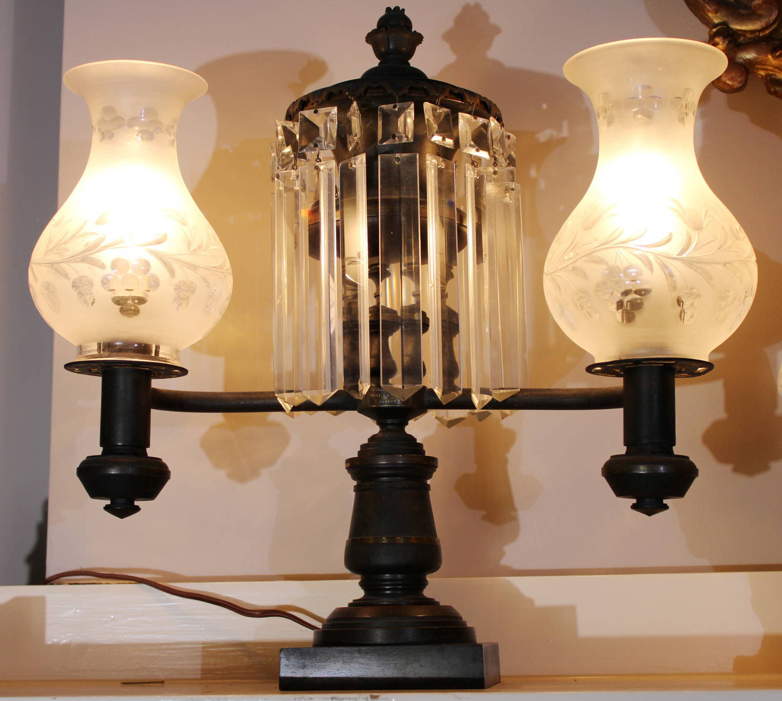 Pair Of Double Arm Argand Lamps With Prisms And Matching Shades Auction