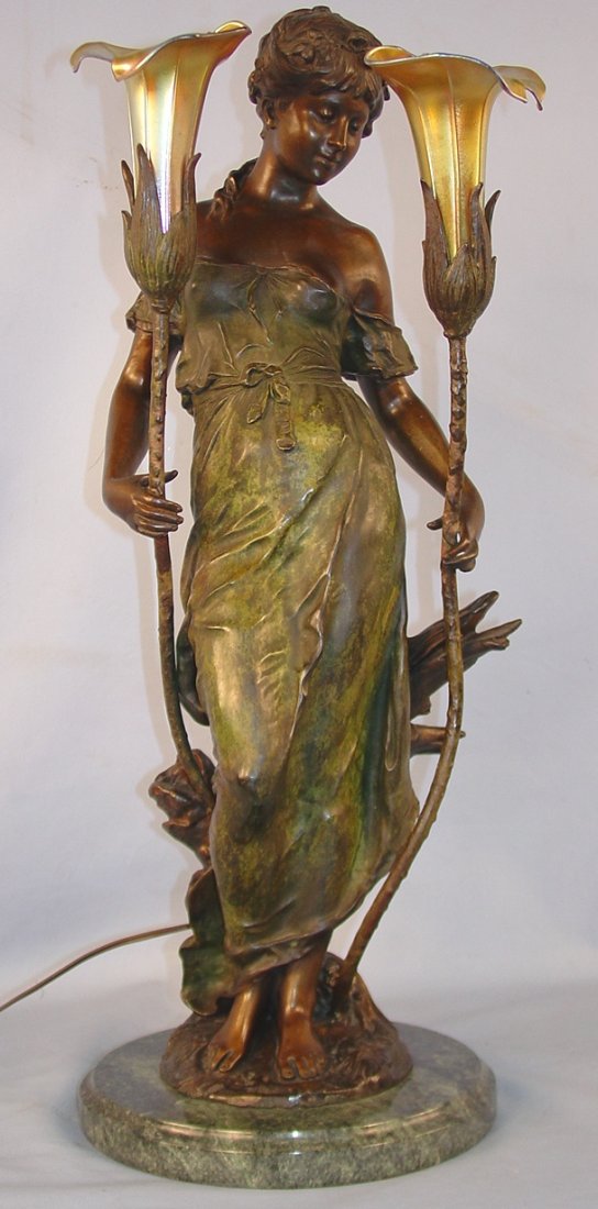 Bronze Art Neveau Statue Lamp, signed Auguste Moreau, s
