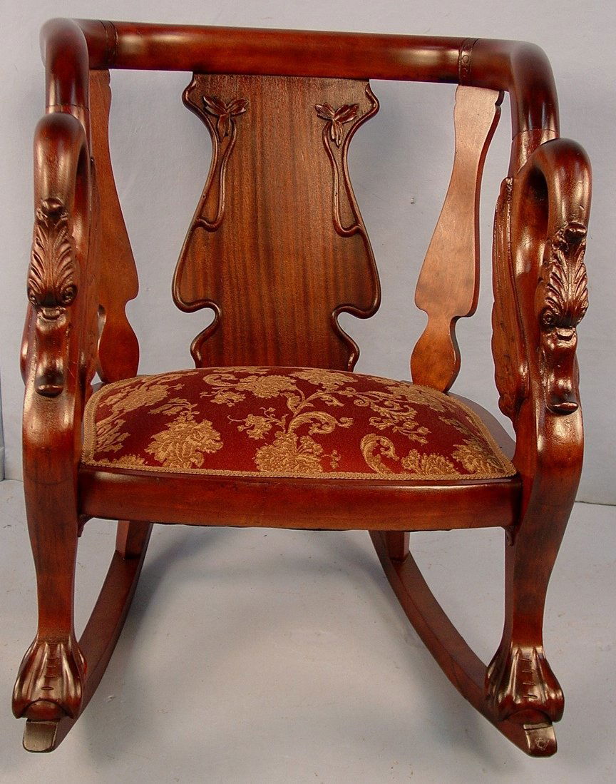 Solid Mahogany Empire Style Swan Rocker, Claw Feet, Ca.
