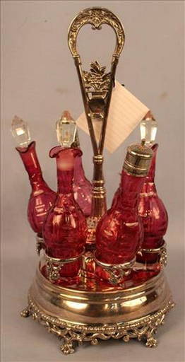 Victorian Condiment Set, Silver Plate And Rose Glass