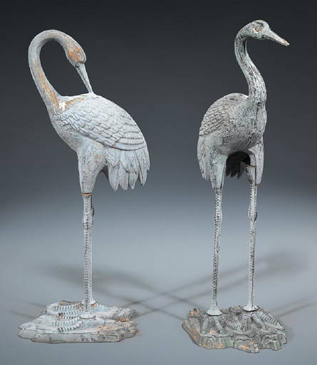 Pair Of Verdigris Cast Iron Garden Egrets