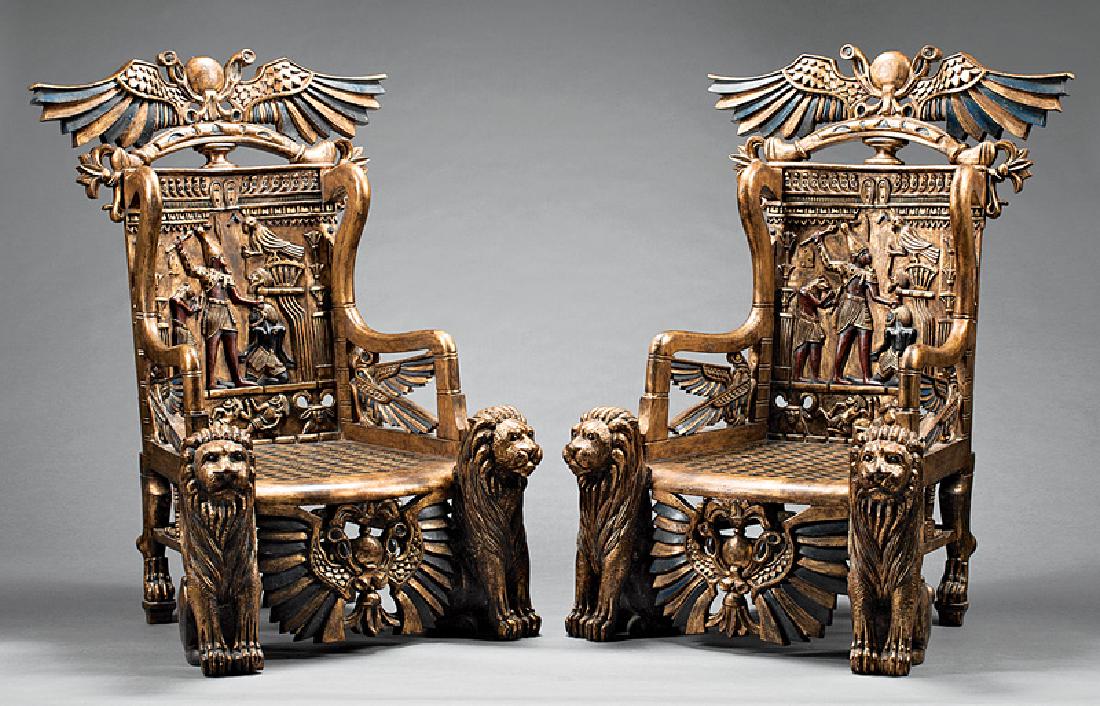 Egyptianesque Carved, Polychromed, Throne Chairs