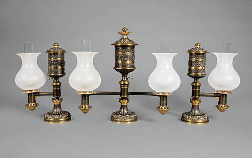 Three Piece English Bronze And Glass Argand Lamp