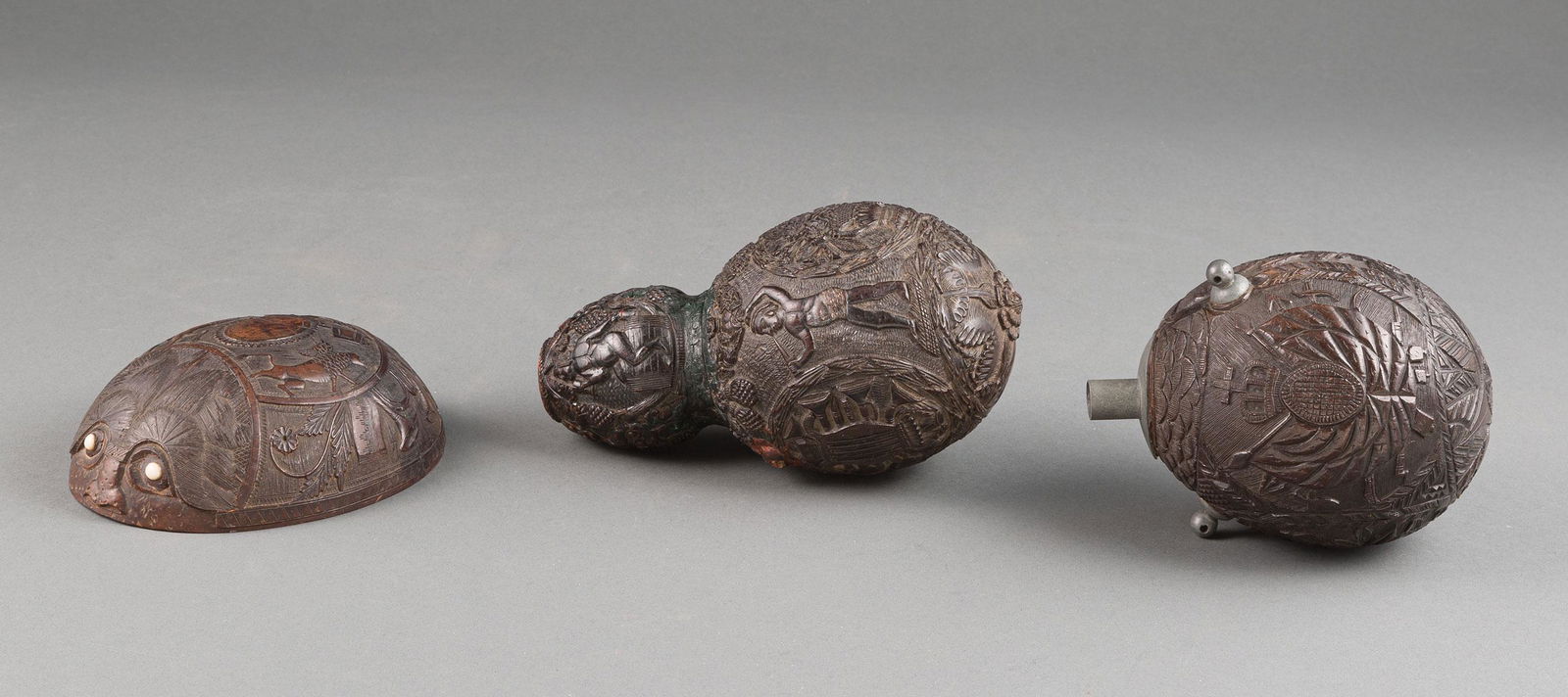 Three Antique Carved Coconuts