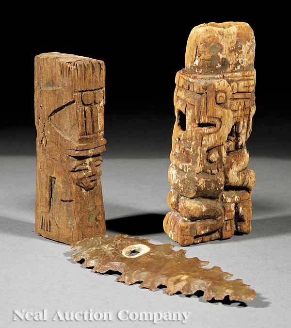 736: Two Maya Carved Wood Knife Handles, Flint Blade