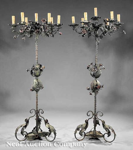 Patinated Wrought Iron,tole Seven Light Torcheres