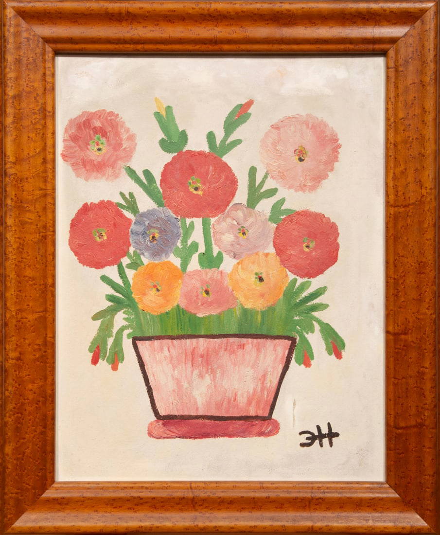 Clementine Hunter "zinnias", Oil On Board Auction