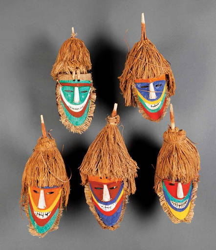 Five Tolai Polychrome Painted Carved Wood Masks