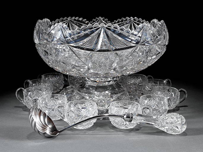 Libbey "colonna" Brilliant Cut Glass Punch Bowl Set