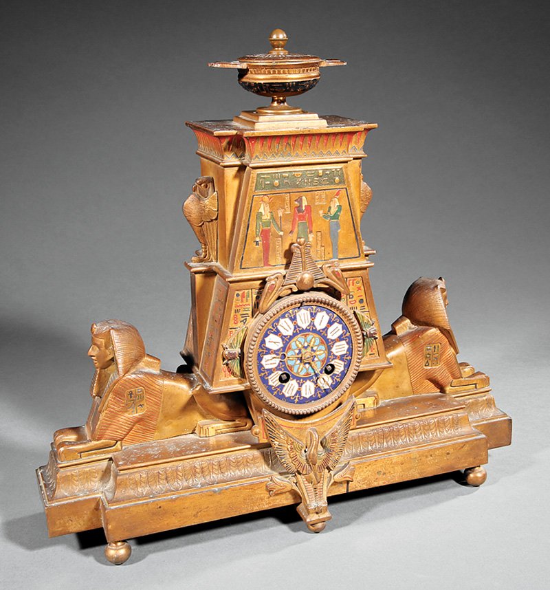 Egyptian Revival Polychromed Bronze Mantel Clock