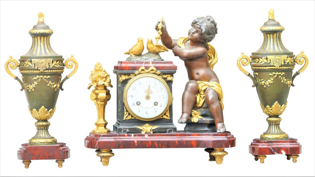 Antique 3 Piece Rouge Marble Putti Clock