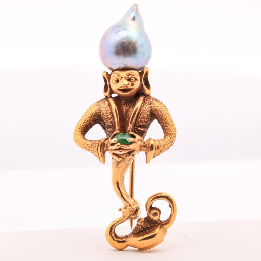 C. 1910 Solid Gold Pearl & Emerald Genie Pin Auction