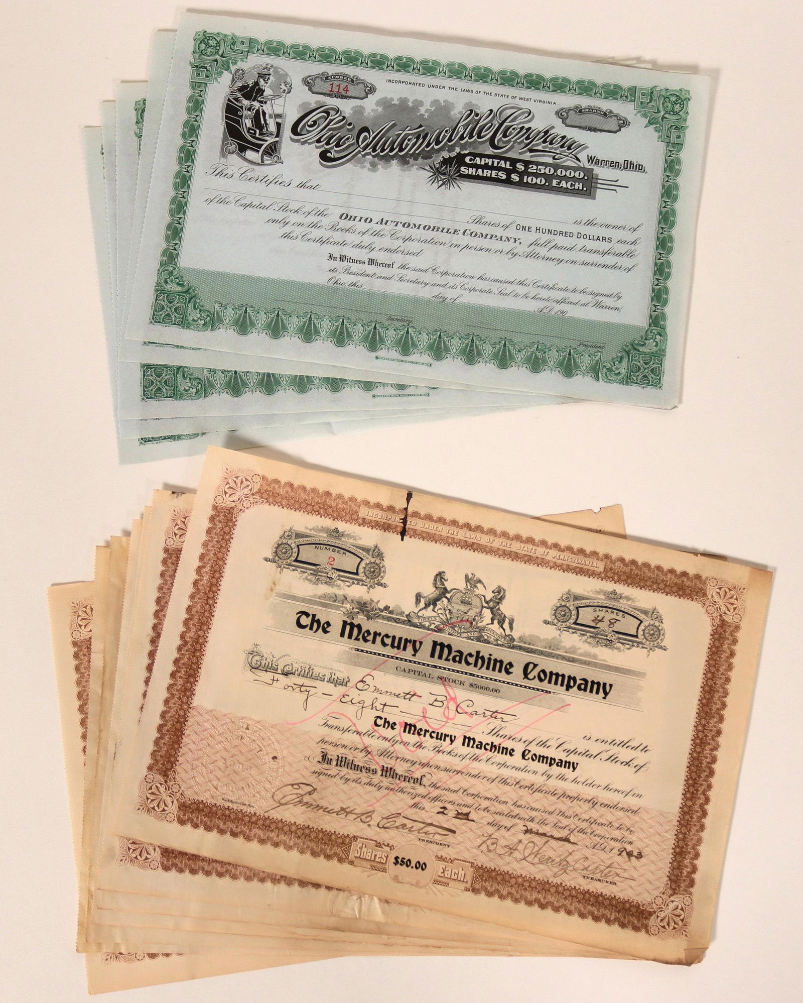 Automobile Stock Certificates: Mercury Machine And Ohio