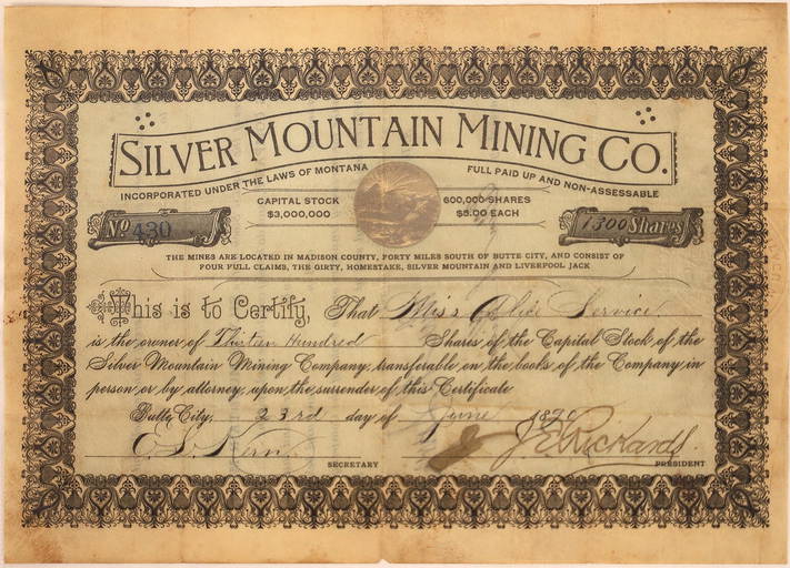 Silver Mtn Mining Co Stock, Signed By Montana Lt. Gov.