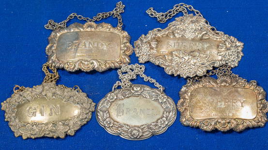 Five Silver Decanter Labels, Gin.