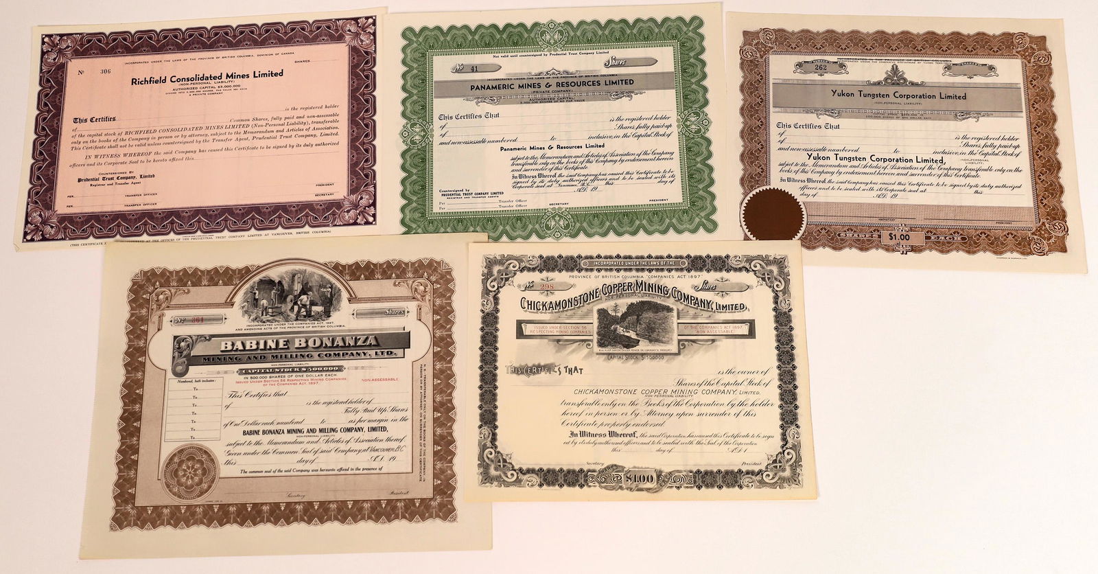 Five Nice Unissued British Columbia Mining Certificates