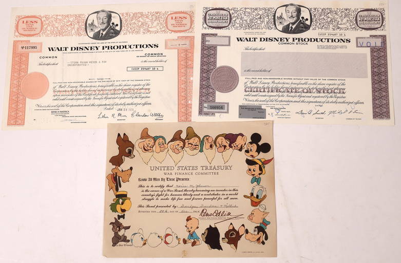 Walt Disney Productions Stocks And Disney War Bond