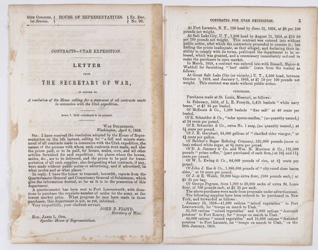 Congressional Document Re: Utah Expedition Contracts (Mormon War ...