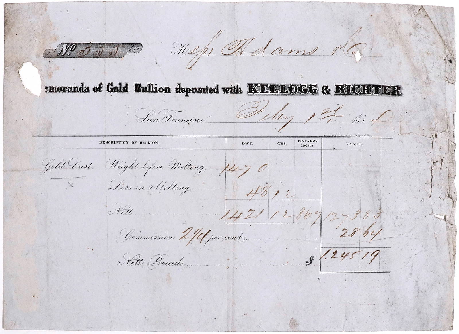 Kellogg & Richter Bullion Receipt, Of Kellogg & Co. $20 Private Gold ...