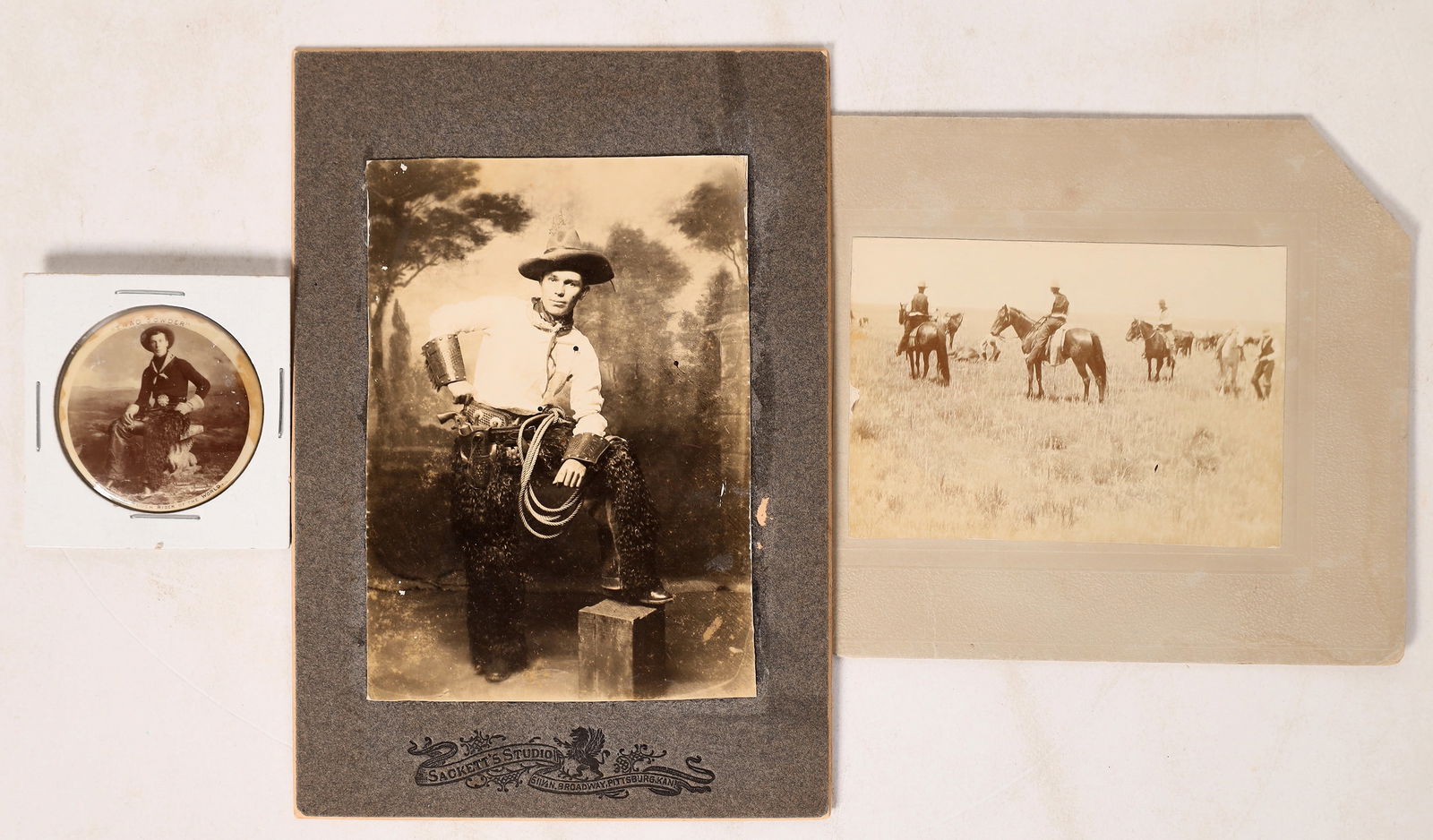 Thad Sowder Pinback / Two Cowboy Cabinet Cards (3) 1901 [173622] Auction