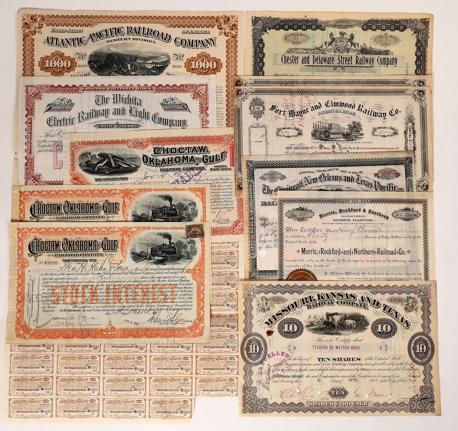 Railroad Stocks, 10 And 1 Bond, C. 1880's-90's [174770] Auction