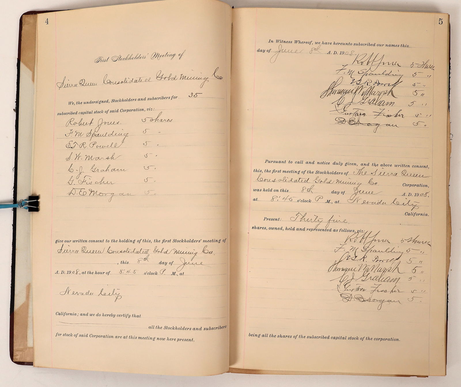 Sierra Queen Gold Mining Minutes Ledger, C. 1908-09 [168849] Auction