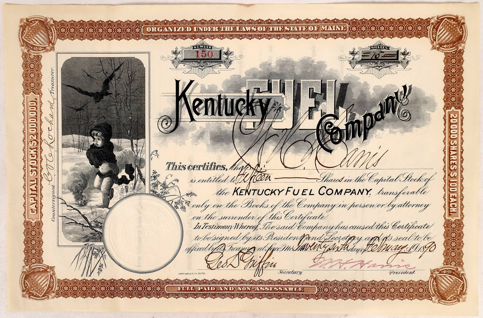 Kentucky Fuel Co. Stock W/unusual Vignette 1890 [175357] Auction
