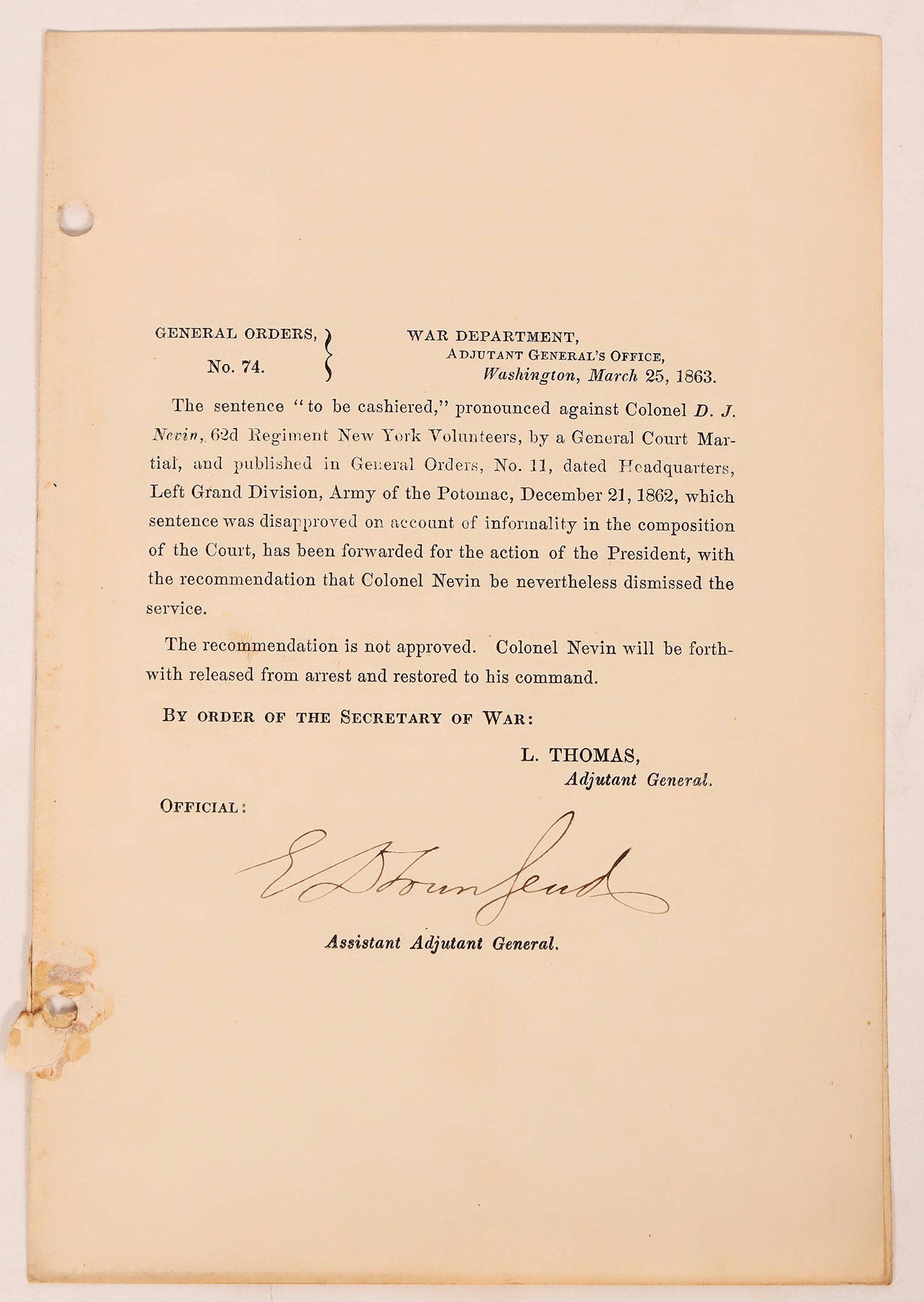 Lincoln: General E. D. Townsend Autograph [182325] Auction