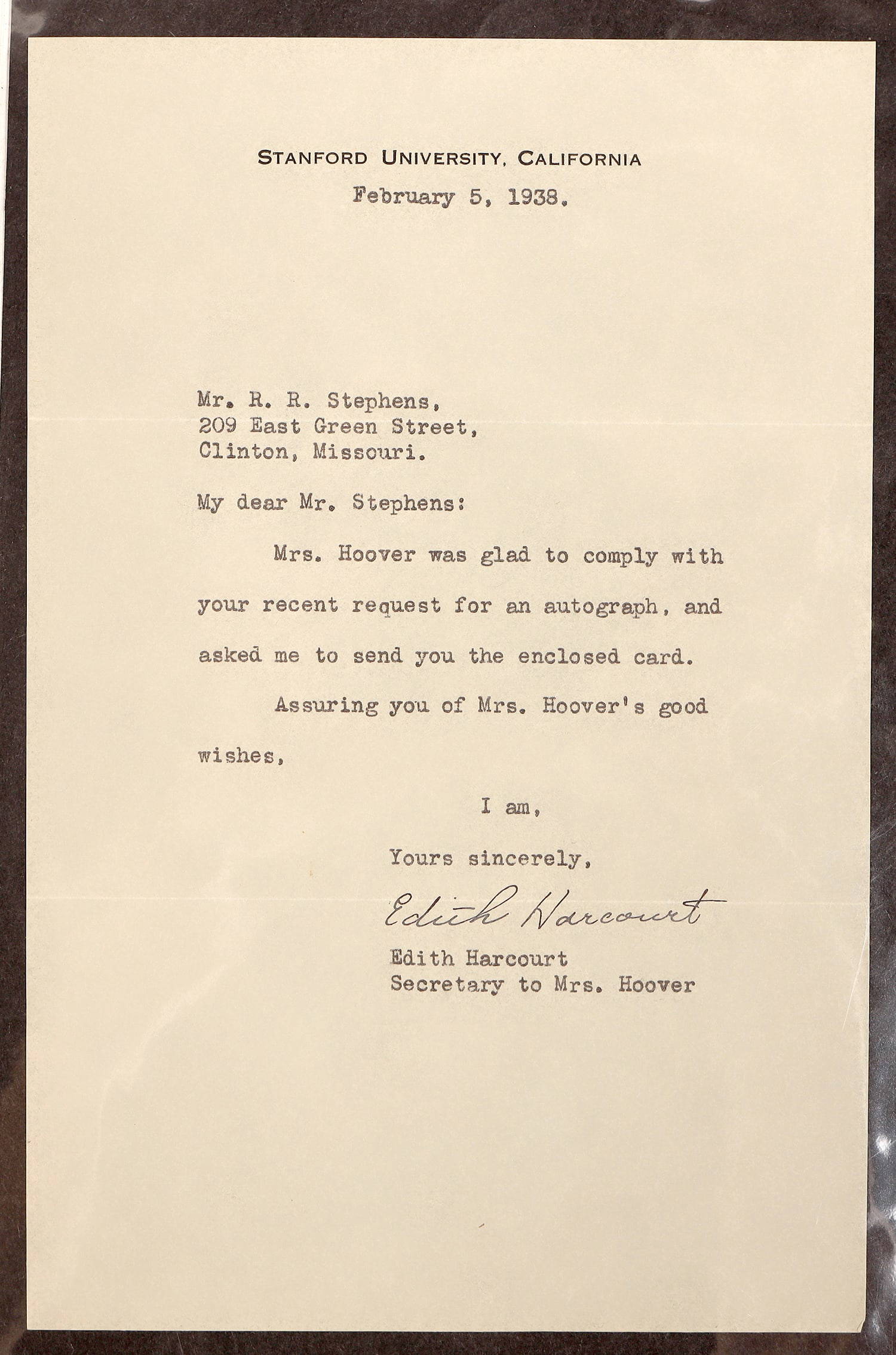 Hoovers First Lady's Secretary Signed Letter C1938 [183139] Auction