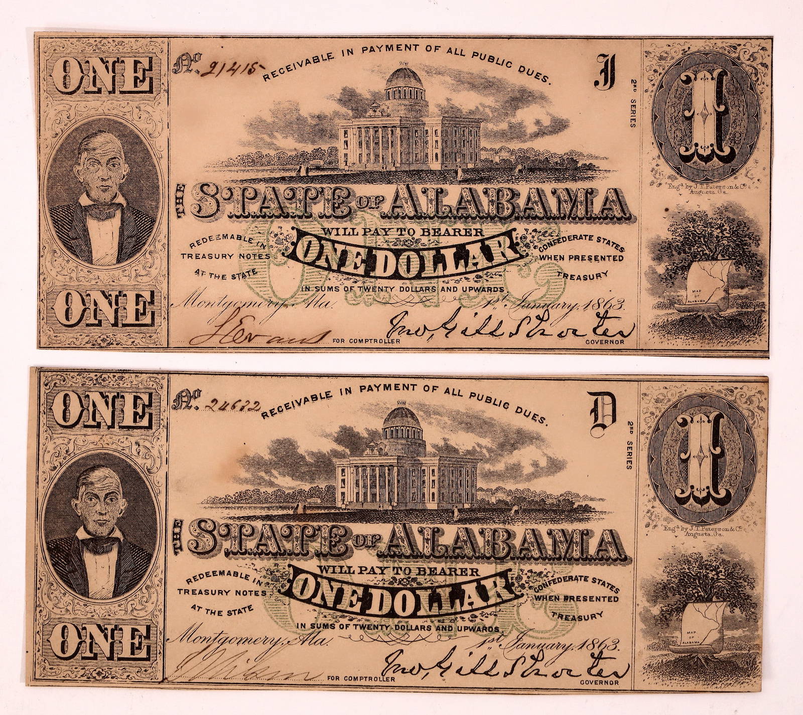 Alabama- Confederate Treasury Notes (2), 1863 [184681] Auction