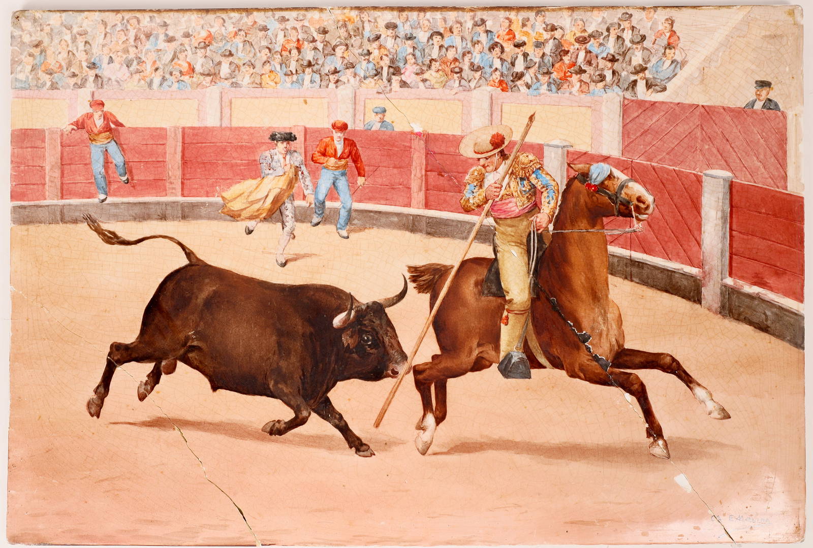 Spanish Bullfight Scene Painted Tile By Molina [145768] Auction