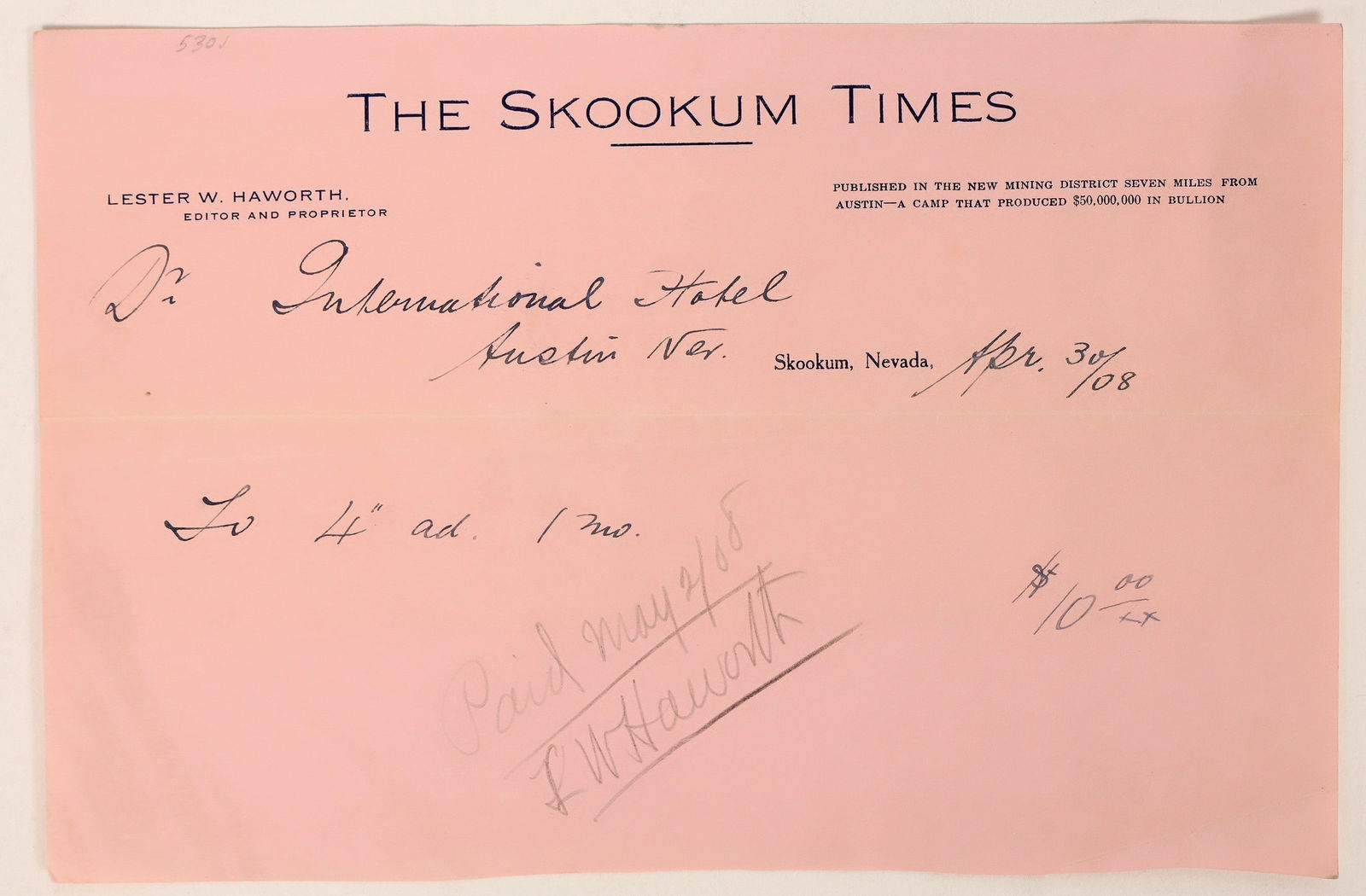 Skookum Times Billhead, 1908, Very Rare [188393] - Oct 19, 2024 | Holabird Western Americana ...