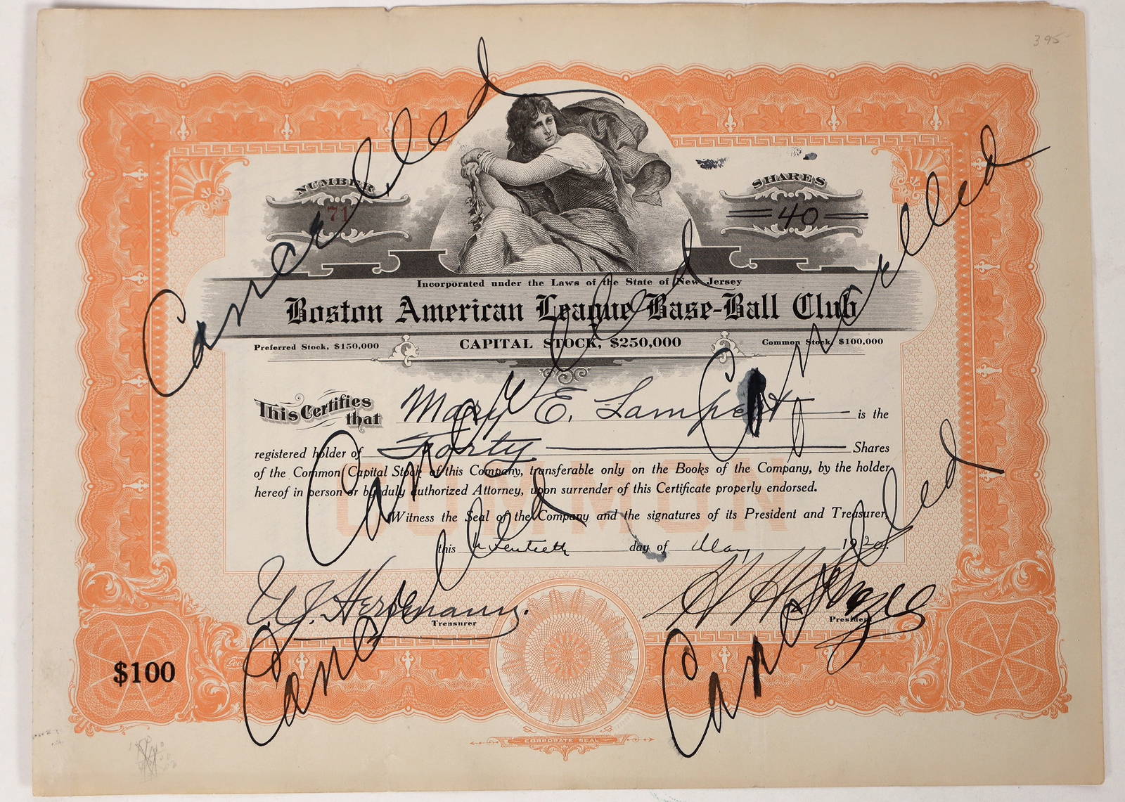 Harry Frazee Signed Sox Stock Certificate [191774] Auction