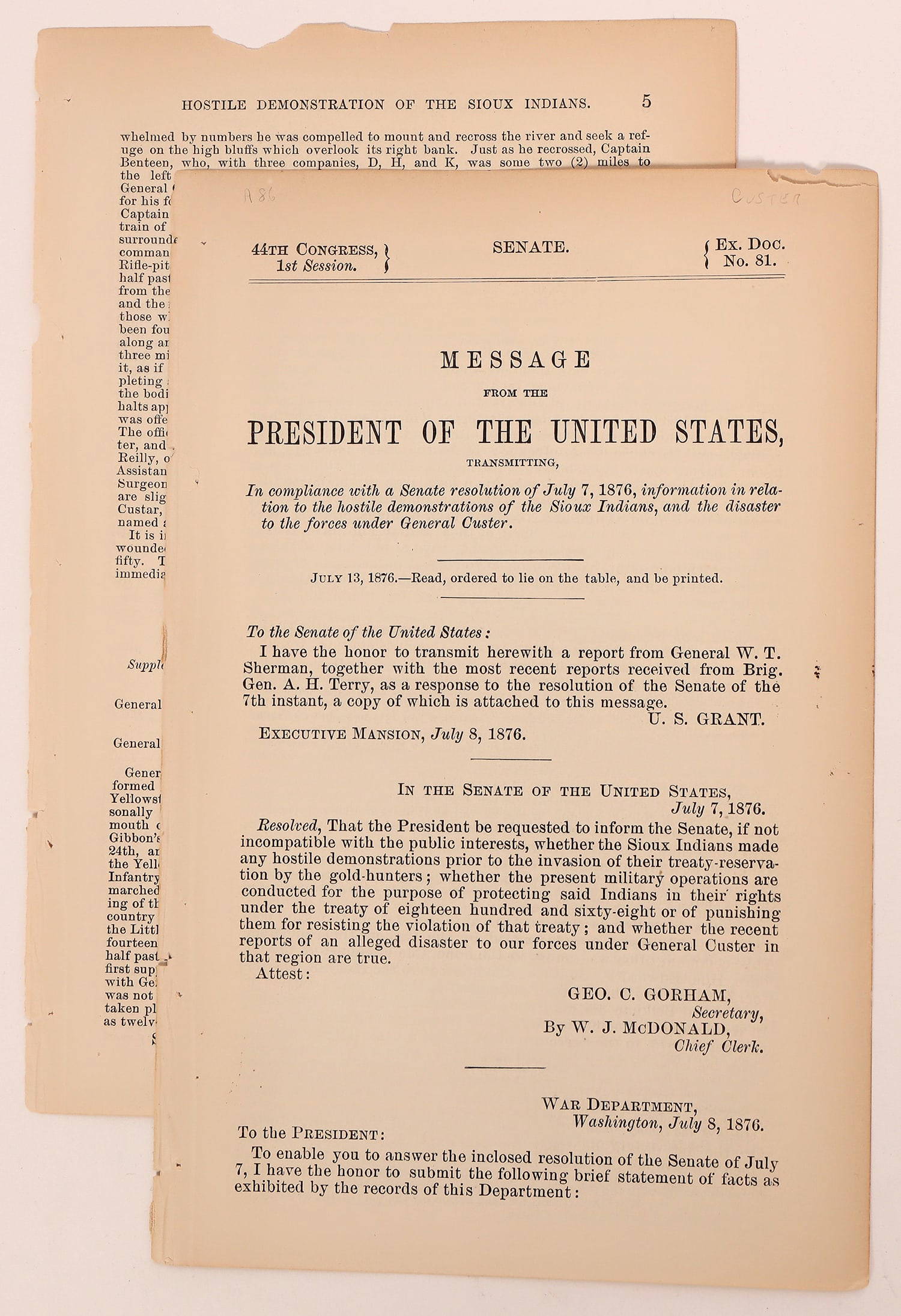 Custer: First Message Account To The Senate Of The Custer Massacre July ...