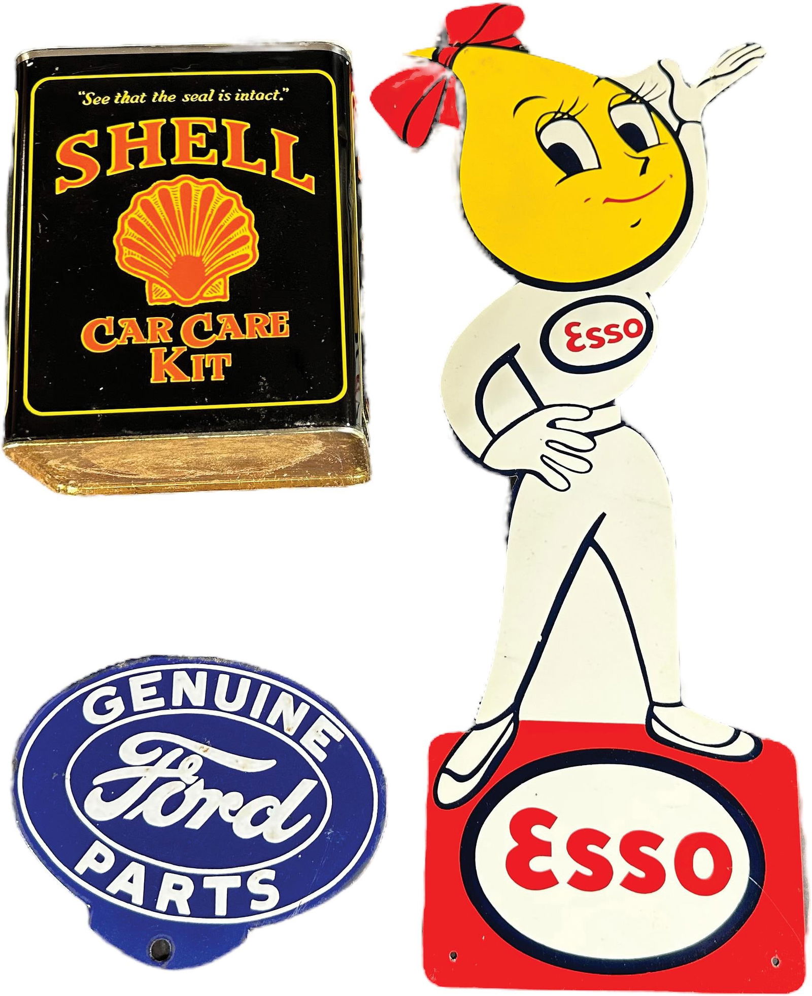 Ford & Esso Signs W/ A Shell Care Can Auction