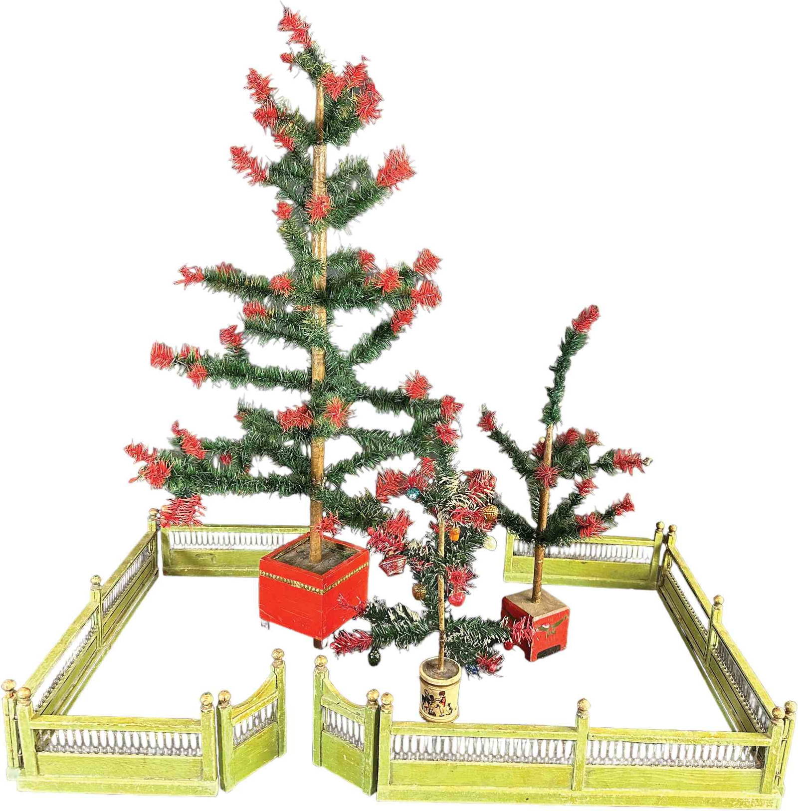 Three Red-tipped Feather Trees W/ Fencing Auction