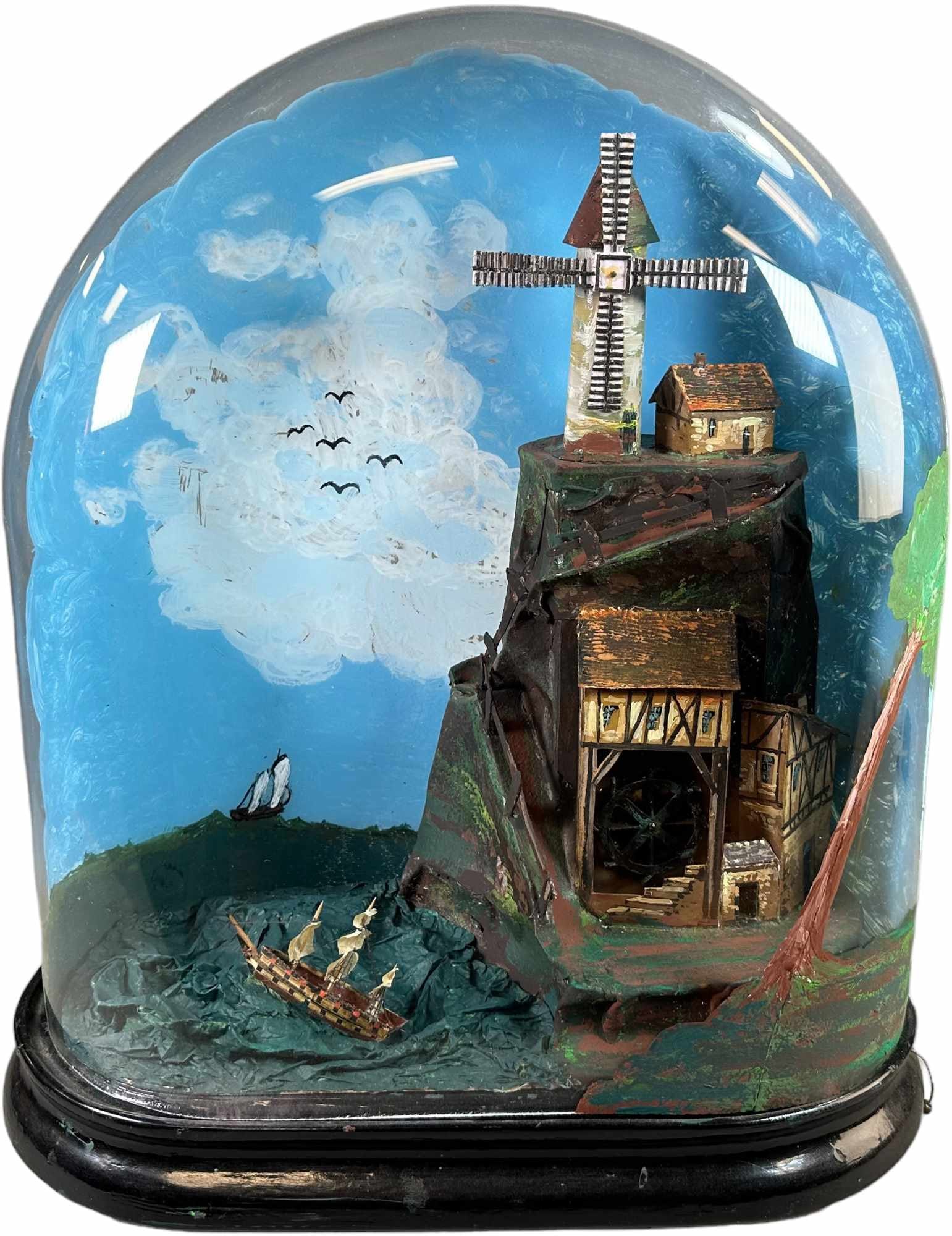 Ship At Windmill Automaton Under Glass Dome Auction