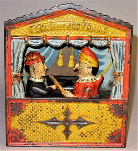 Antique 19th C. Punch And Judy Andirons, Cast Iron, Marked England