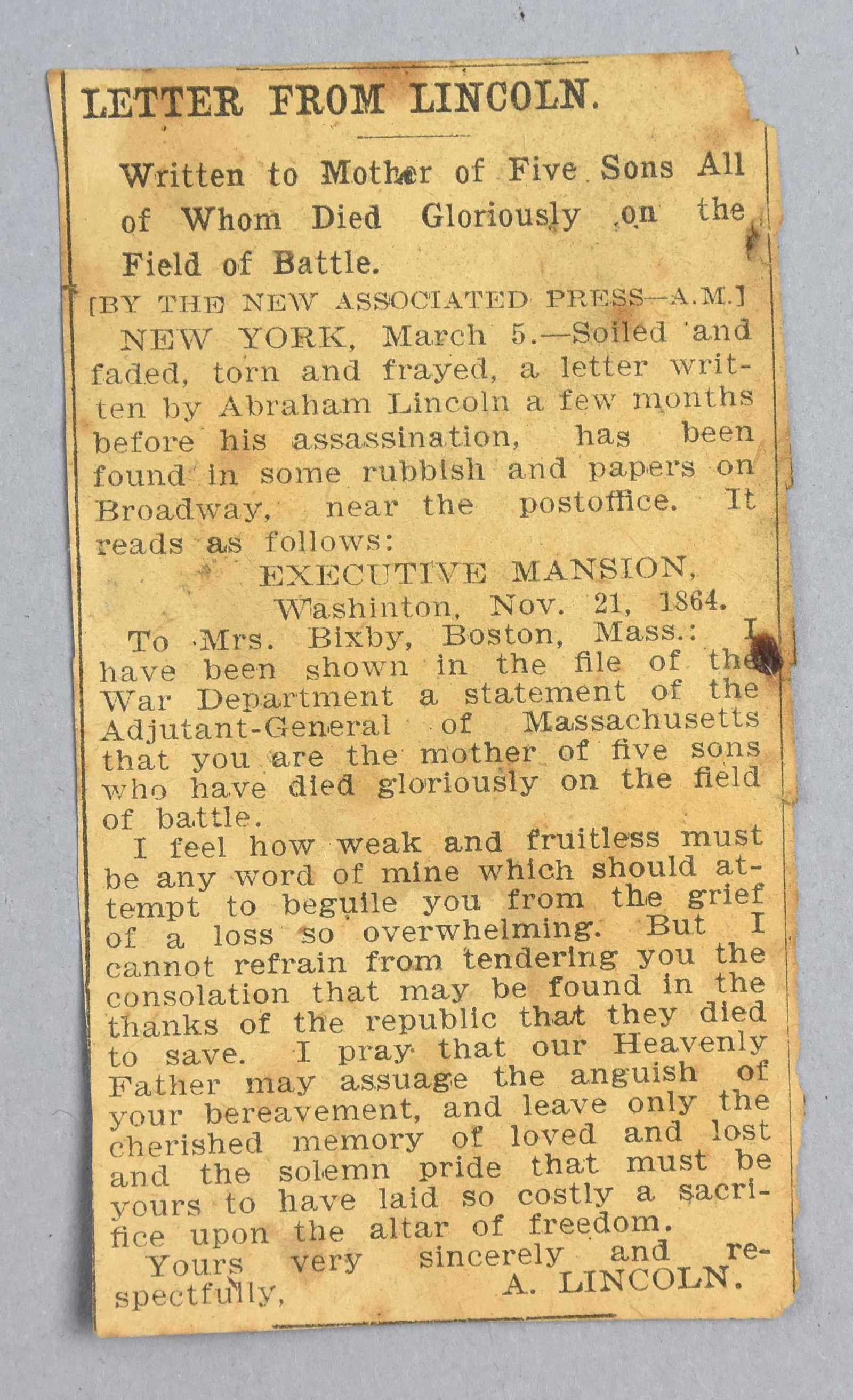 Letter From Lincoln Newspaper Article Mrs. Bixby