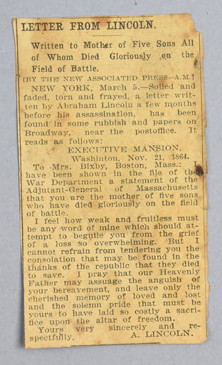 Letter From Lincoln Newspaper Article Mrs. Bixby