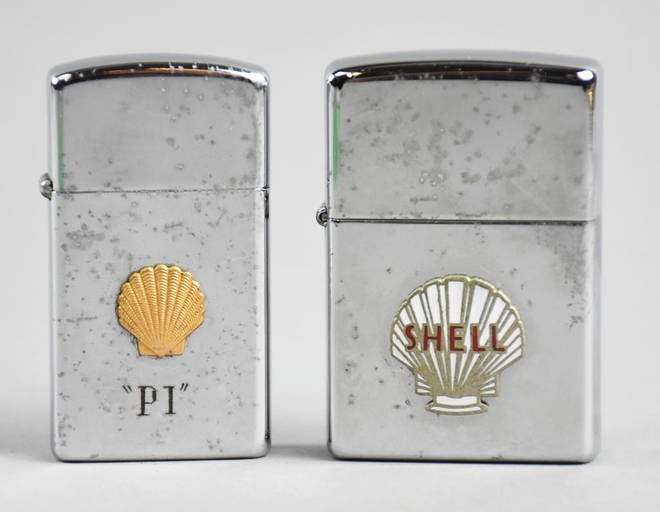 (2) Vintage Zippo Shell Advertising Lighters 10k Logo