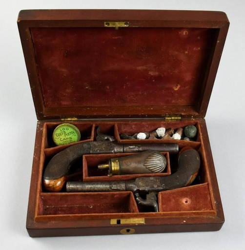 19th C. Cased Pair Antique Single Shot Pistols J. Hart