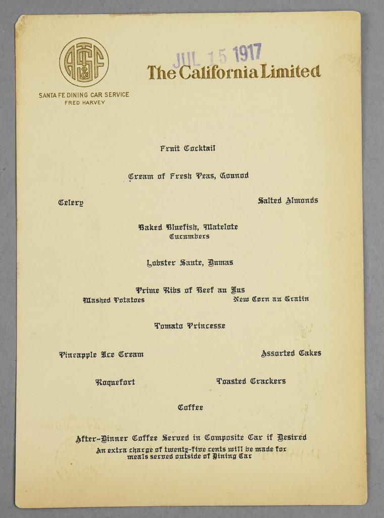 1917 Fred Harvey Santa Fe Railroad Dining Car Menu