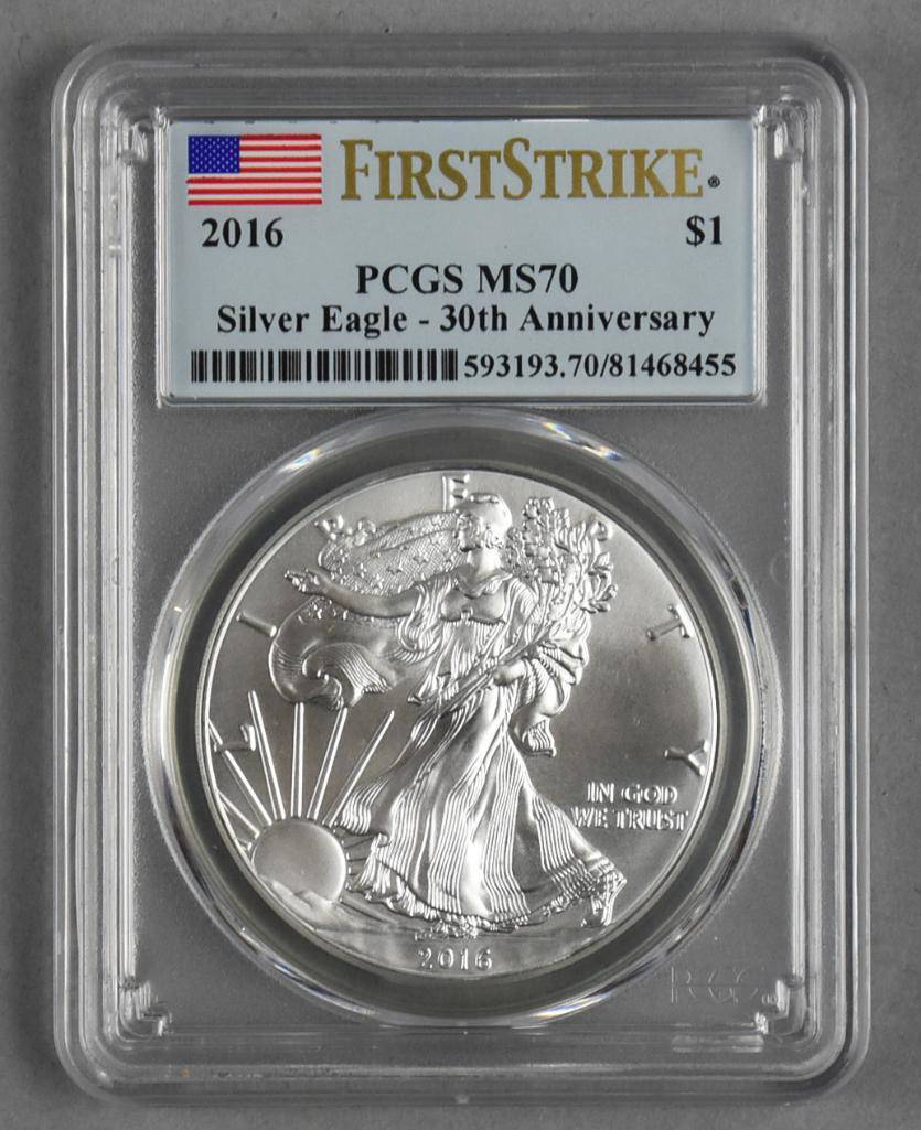 2016 First Strike Silver Eagle Coin Pcgs Ms70, 30th Anniv Auction