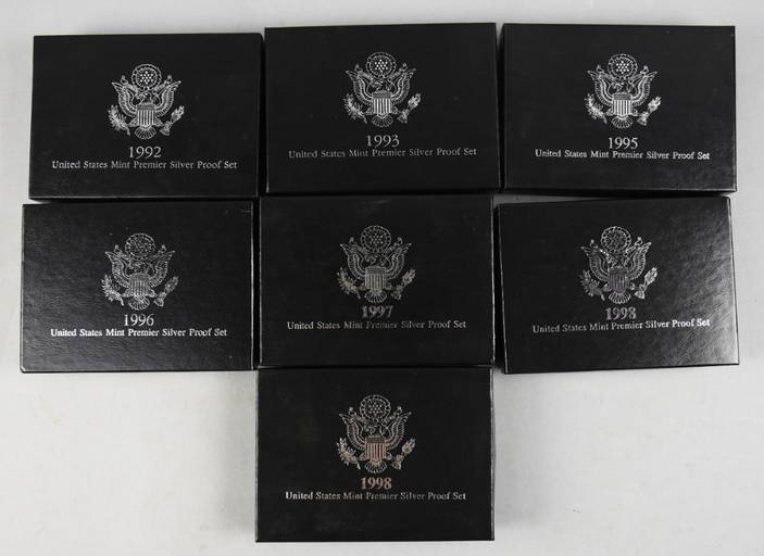 (7) 1990s Us Mint 90% Silver Proof Coin Sets Original Boxes